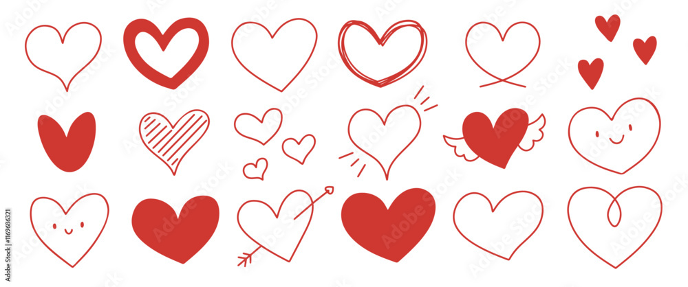 Conjunto de corazones dibujados a mano grunge color rojo. Doodles de ...