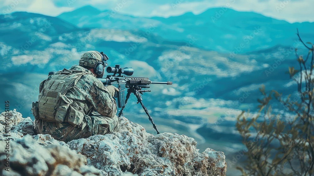 Soldier Preparing to Take Aim with Precision Rifle in Scenic Landscape ...