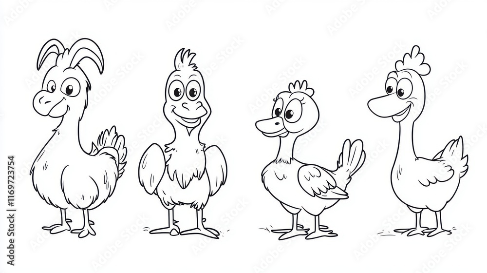 Adorable Farm Animals Coloring Page: Cute Chickens, Duck and Goose ...