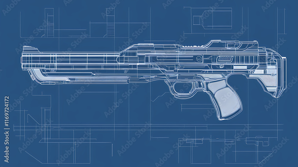 Ilustración de Stock Photorealistic blueprint of a gun's stock and ...