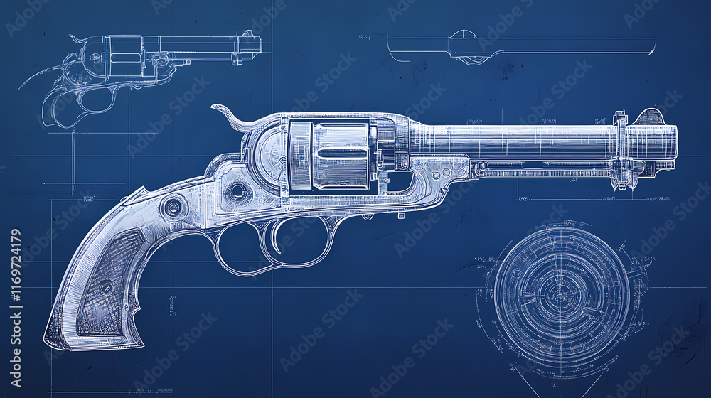 Photorealistic blueprint of a gun's stock and recoil pad, with close-up ...