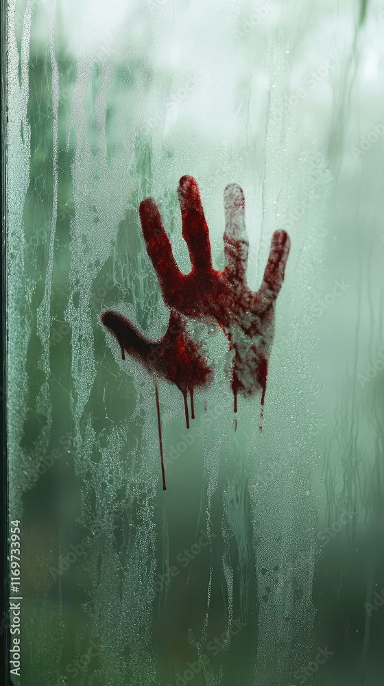 Handprint with Blood on Foggy Window in Dark Mysterious Setting Stock ...