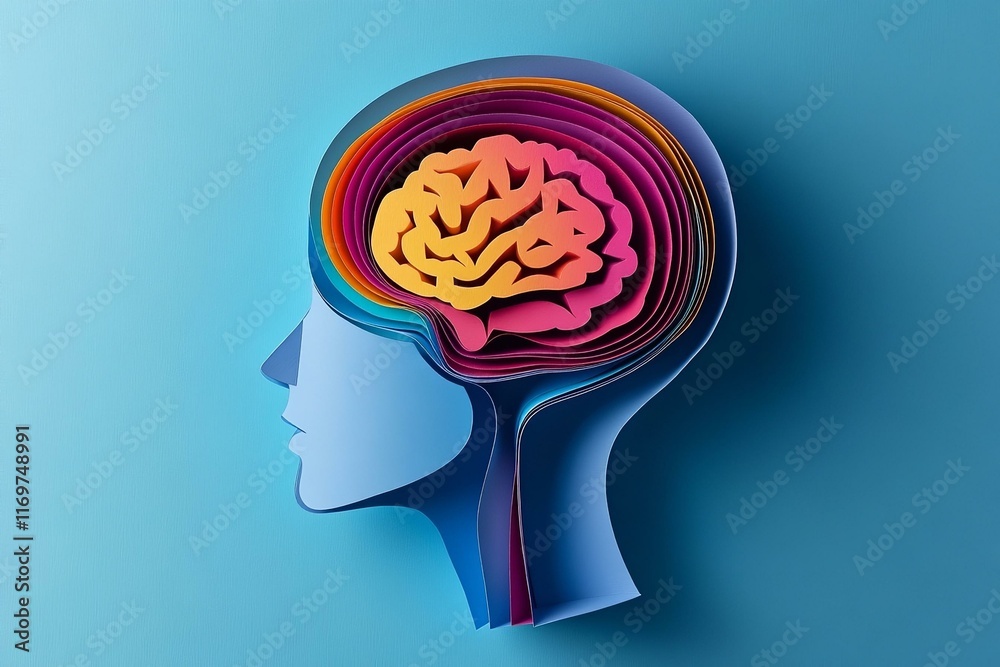 Paper cut craft. Layers of colored paper forming a brain inside a human ...