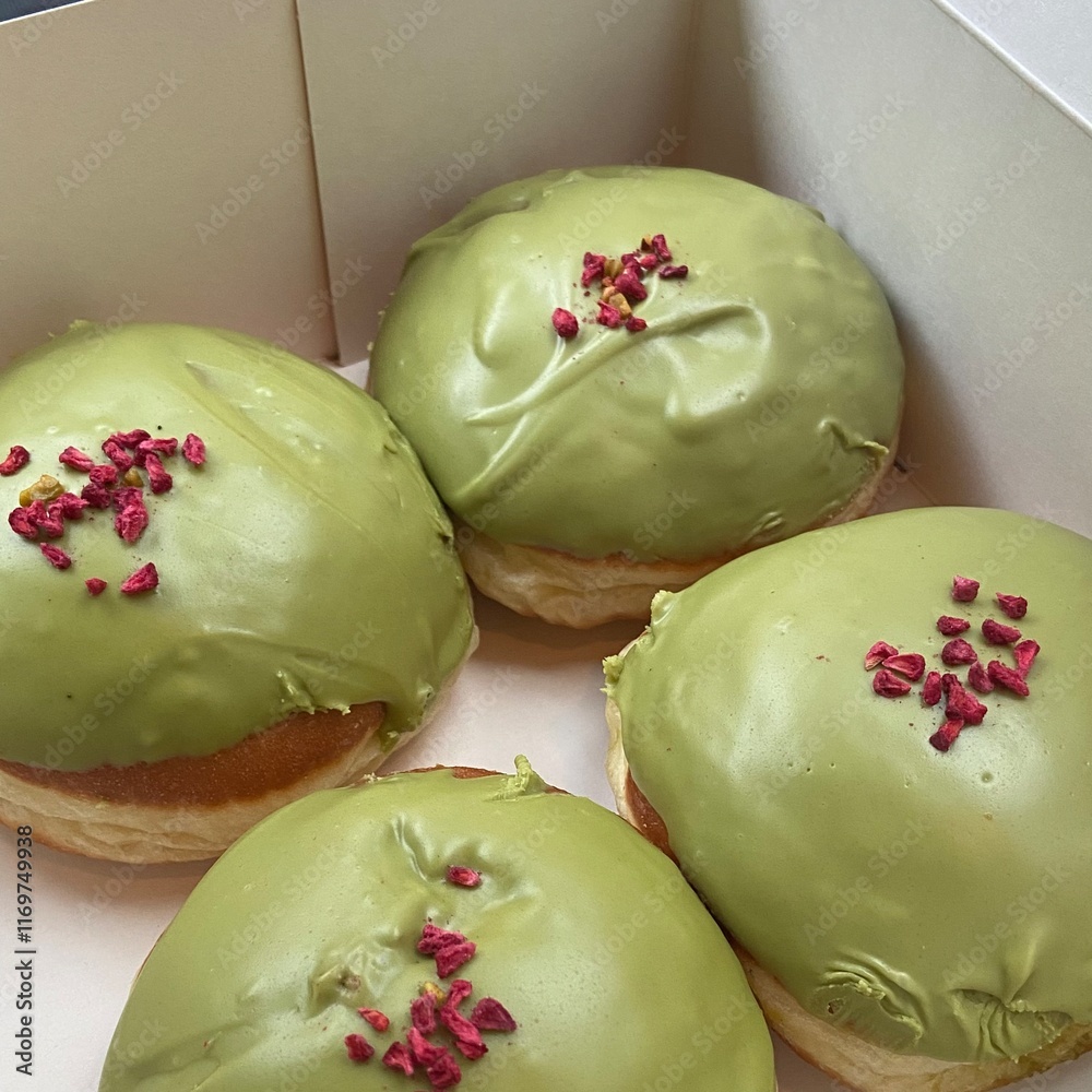 Pistachio donuts green doughnuts with pistachio dressing, sweets, baker ...