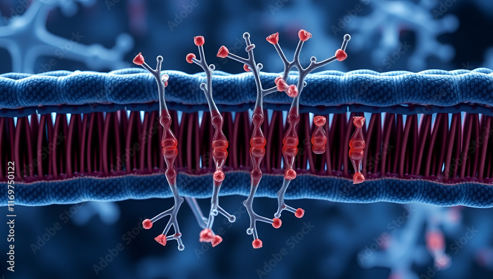 Molecular view of ion channels embedded in a nerve cell membrane ...