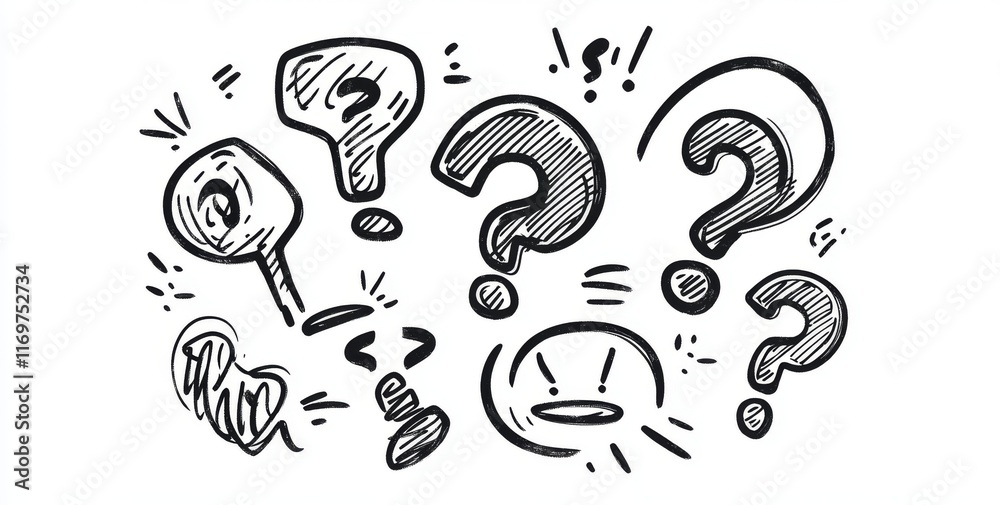 Hand-drawn exclamation points and question marks in a doodle style ...