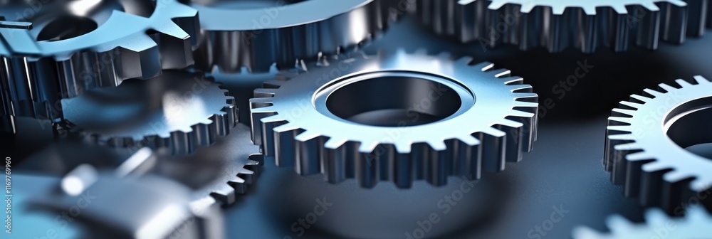 Industrial machinery, detailed metal gears, interlocking cogs, blue ...