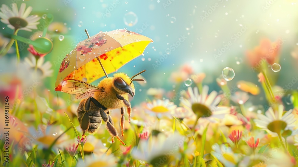Cute cartoon bee with umbrella in flower blooming meadow, spring summer ...