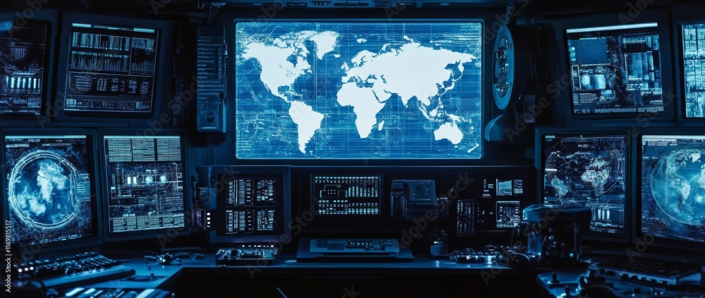 The inside of a cutting-edge command center, featuring digital ...