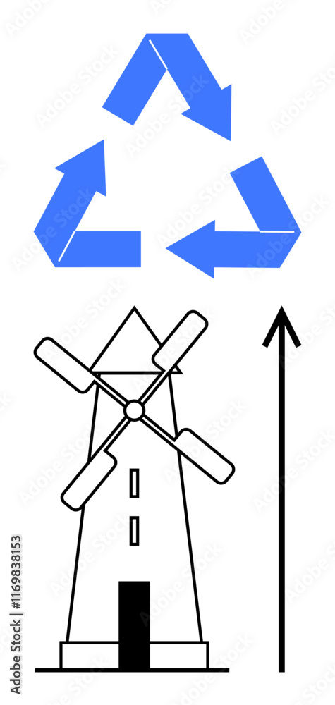 Windmill below a blue recycling symbol with black arrow pointing up ...