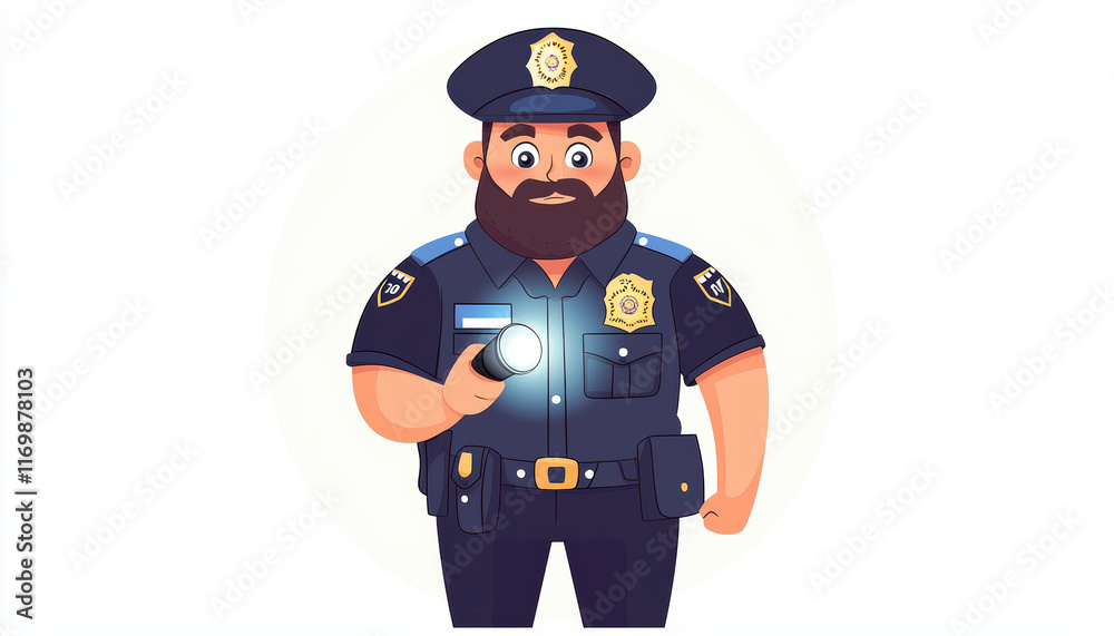 cartoon police officer holding flashlight, wearing uniform with badge ...