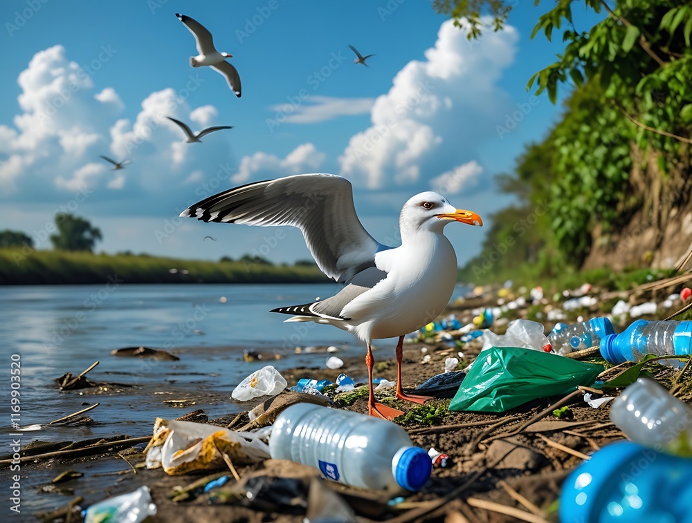 Seagull surrounded by plastic pollution on a polluted beach, showcasing ...