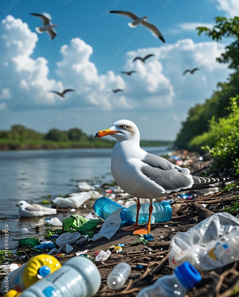 Seagull surrounded by plastic pollution on a polluted beach, showcasing ...