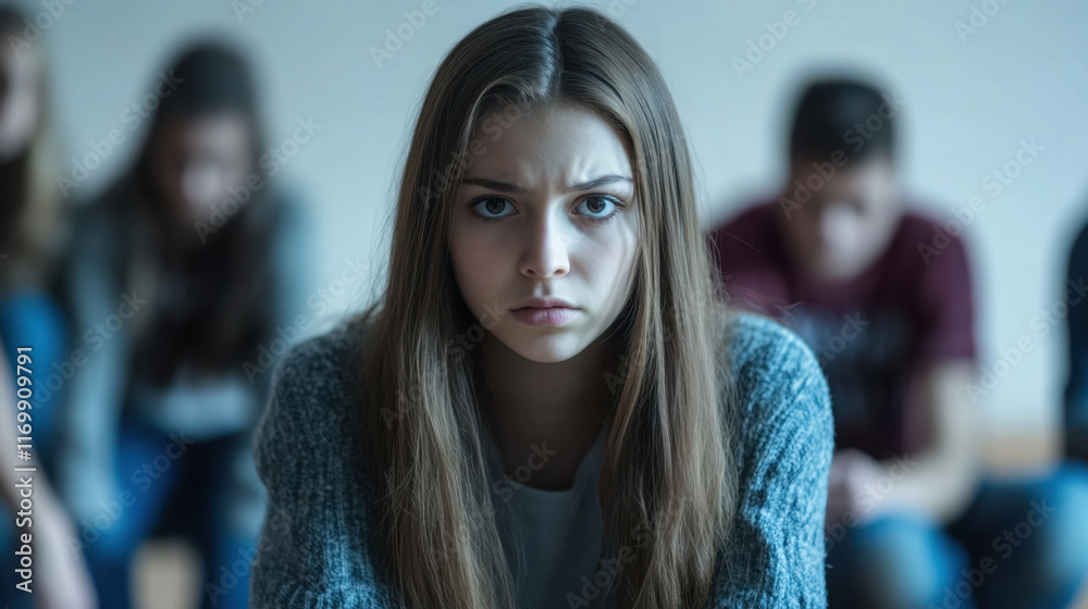 Sad girl in group therapy session, expressing feelings of isolation and ...