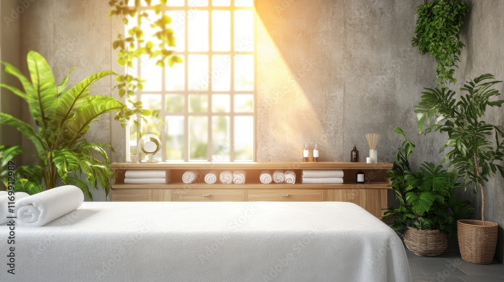 Spa room with massage table, plants, and sunlight. Perfect for ...