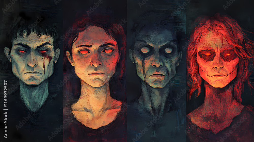 Four individuals with distinct facial expressions representing the ...