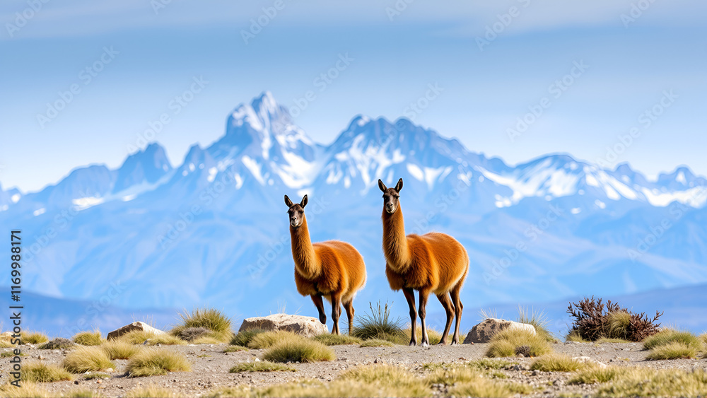 guanacos of patagonia standing in front of fritz roy mountain range ...
