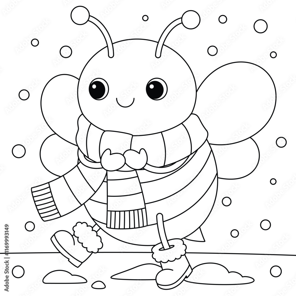 Cute kawaii cartoon character bee wearing scarf in winter coloring page ...