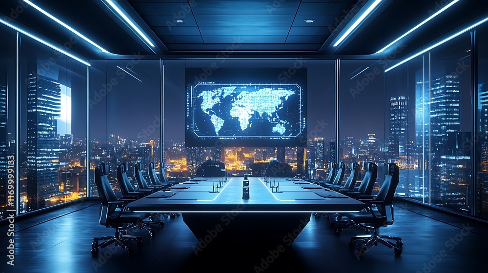 A high-tech boardroom with holographic visuals of global statistics ...