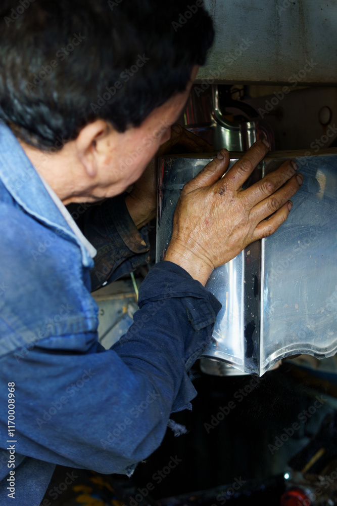 Mechanic changing truck oil through the side access panel, performing ...