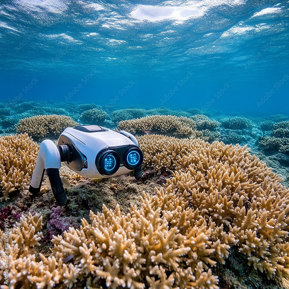 hyper-realistic photo of an AI-powered robot restoring coral reefs to ...