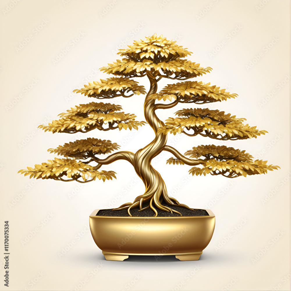 illustration of golden bonsai tree with gold leaves, idea for wealth ...
