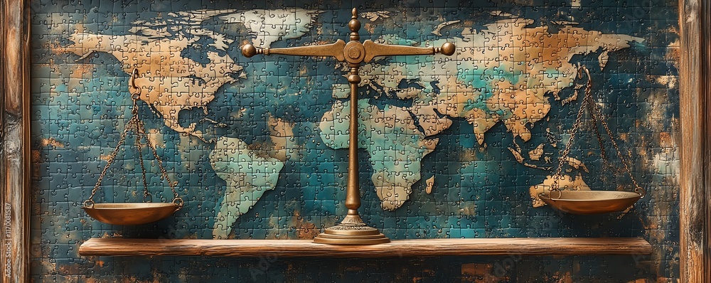 Vintage world map with balanced scale and puzzle pieces, representing ...