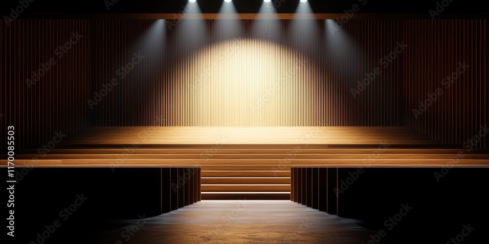 A modern stage with wooden steps and dramatic lighting, creating a ...