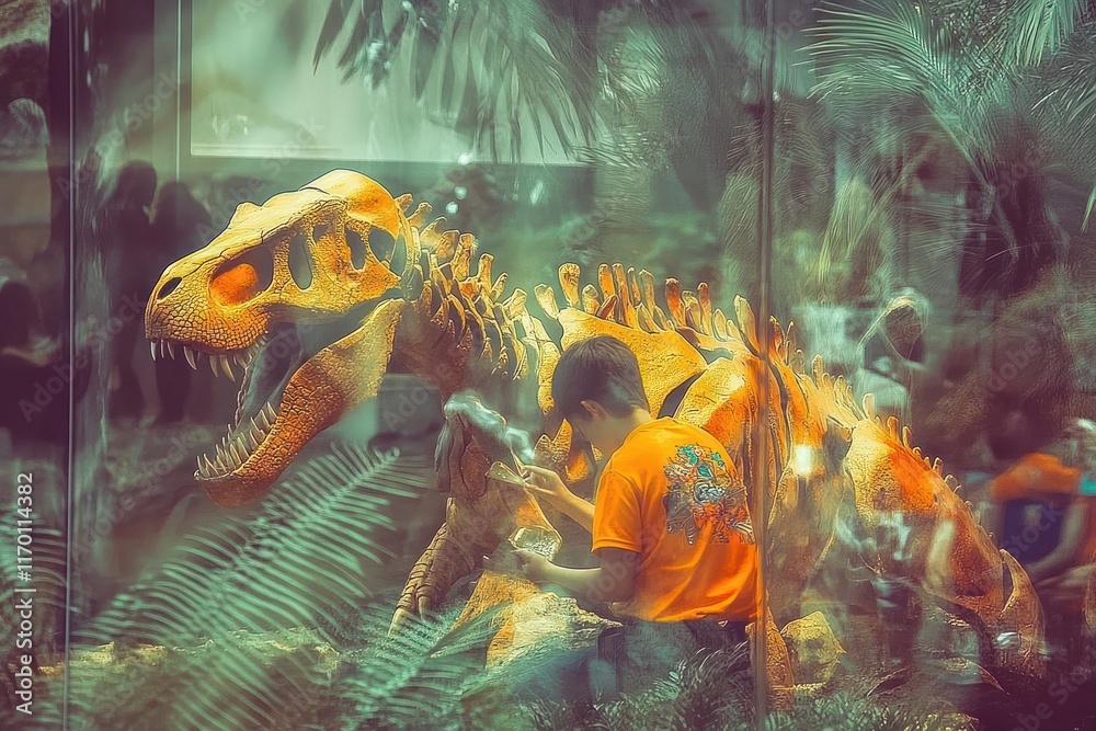 Museum T-Rex Skeleton Prep, Crowd Background Stock Photo | Adobe Stock