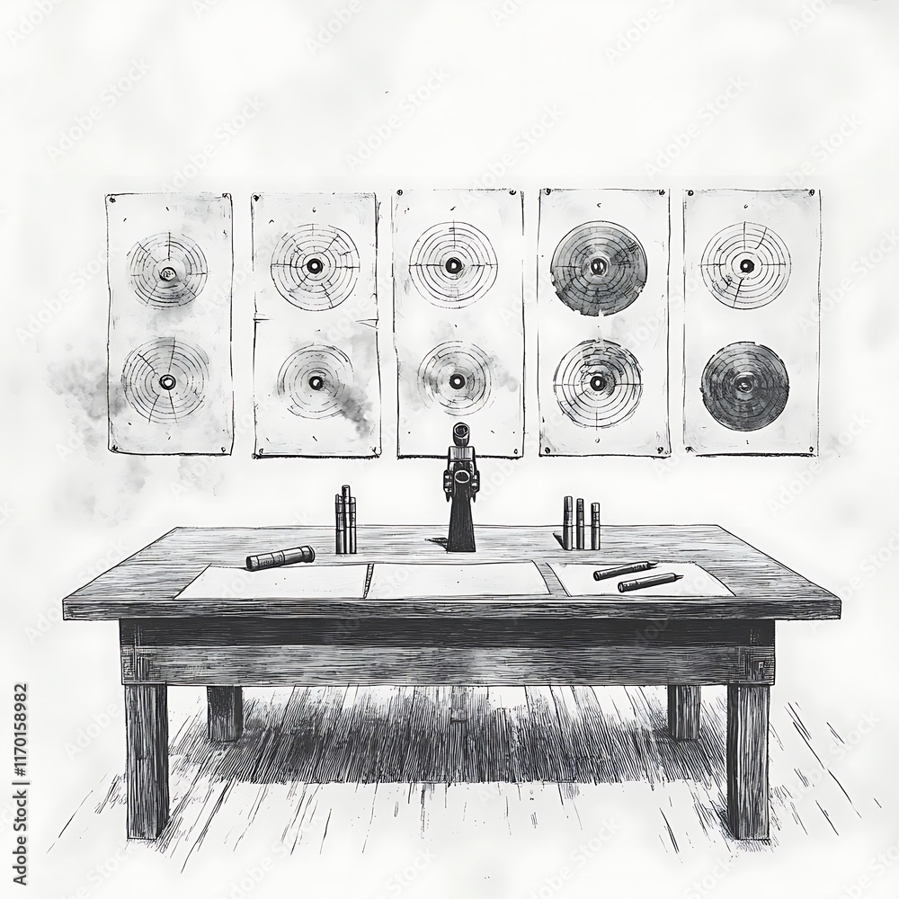 Hand-drawn illustration of a shooting range table with targets, bullets ...