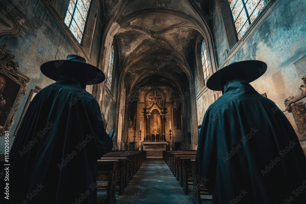 A quiet moment inside a historical church, with a robed priest and nun ...
