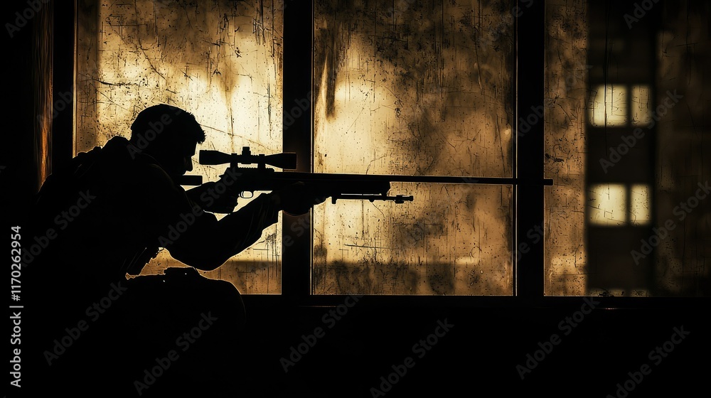 Soldier Silhouette Aiming Sniper Rifle at Dusk Through Window Stock ...