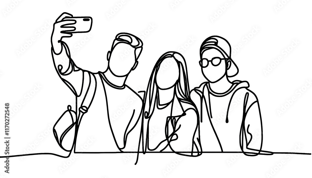 Simple one line drawing of a friends taking selfies . Transparent ...