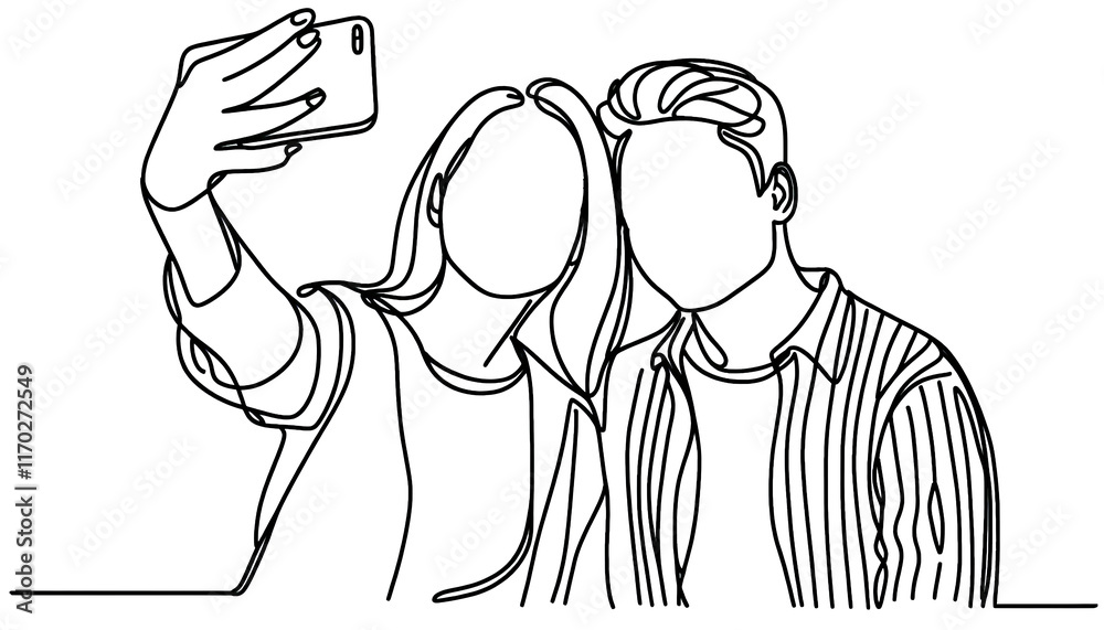Simple one line drawing of a friends taking selfies . Transparent ...