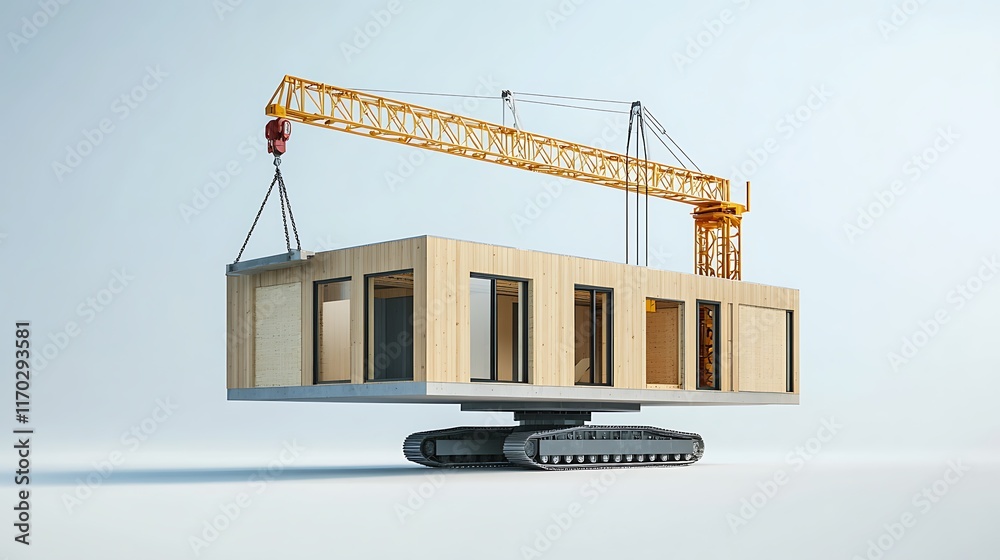 Crane lifting modular wooden house section onto tracked platform. Stock ...