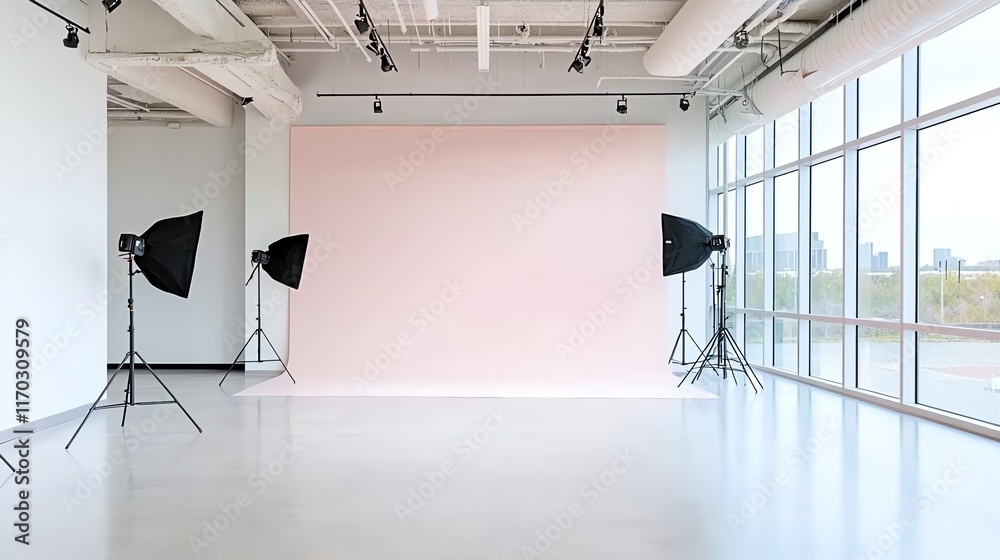 Bright photography studio setup with lights and soft pink backdrop ...