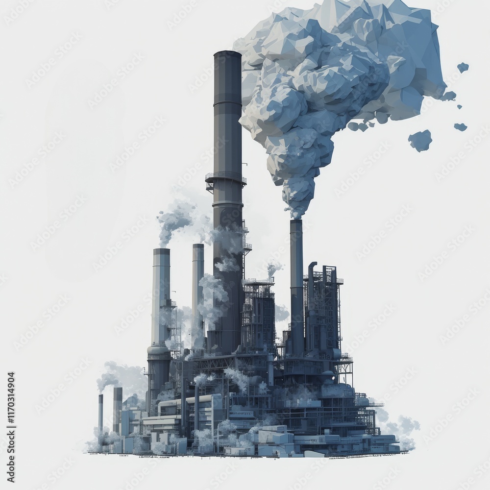 PM2.5 pollution. Industrial factory with smokestacks emitting clouds of ...