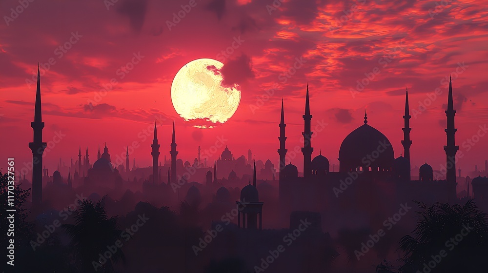 Mosque sunset sky moon holy night islamic night and silhouette mosque ...