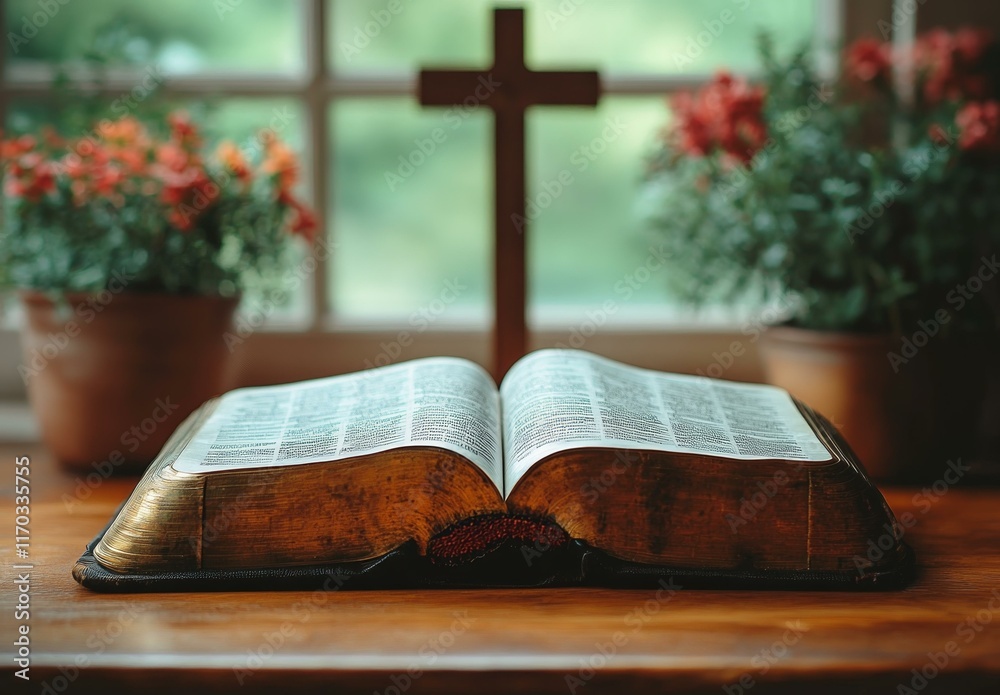 Holy Bible on Church Table | Christian Symbols and Text in Focus Stock ...