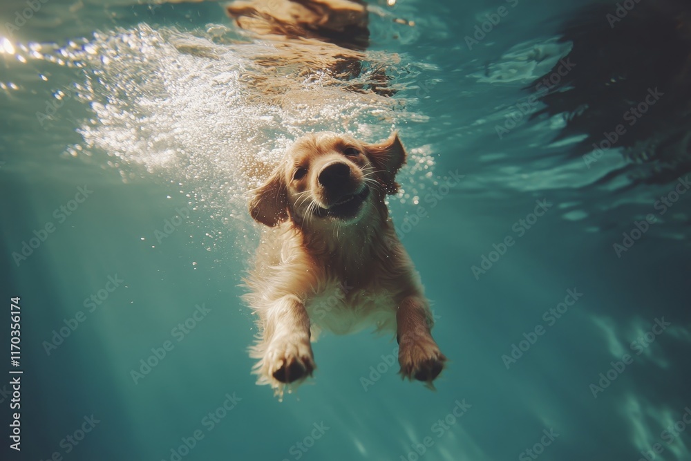 Playful golden labrador puppy diving and jumping in swimming pool ...
