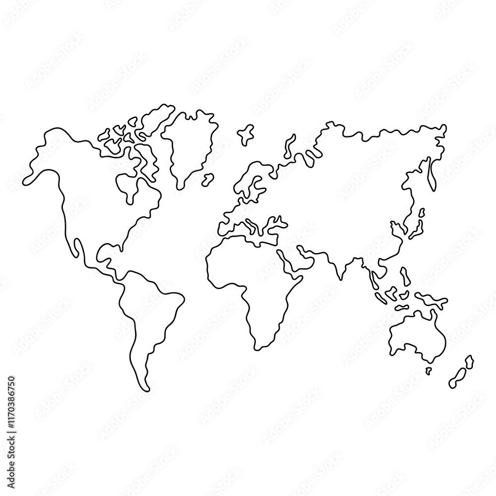 World map outline. Globe drawn by hand in black pencil. Strokes. Political map of the world on a ...