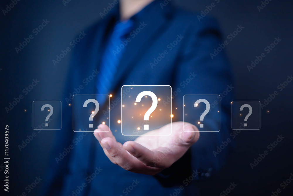 Question mark shows on a palm, Businessman show question mark wondering ...