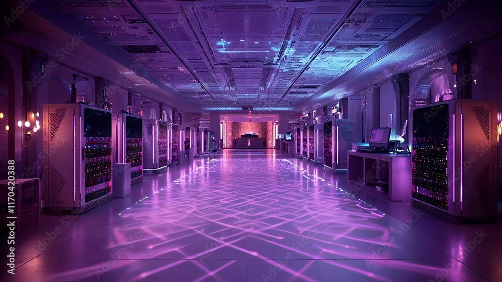 Futuristic data center with quantum computers displaying light patterns ...