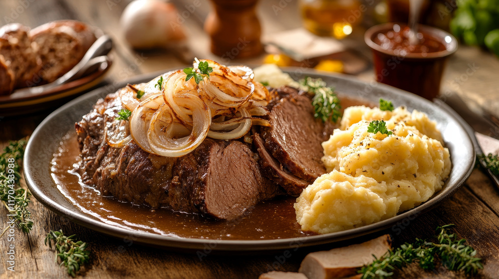 Austrian cuisine restaurant meals banners. Roast beef with fried onion ...