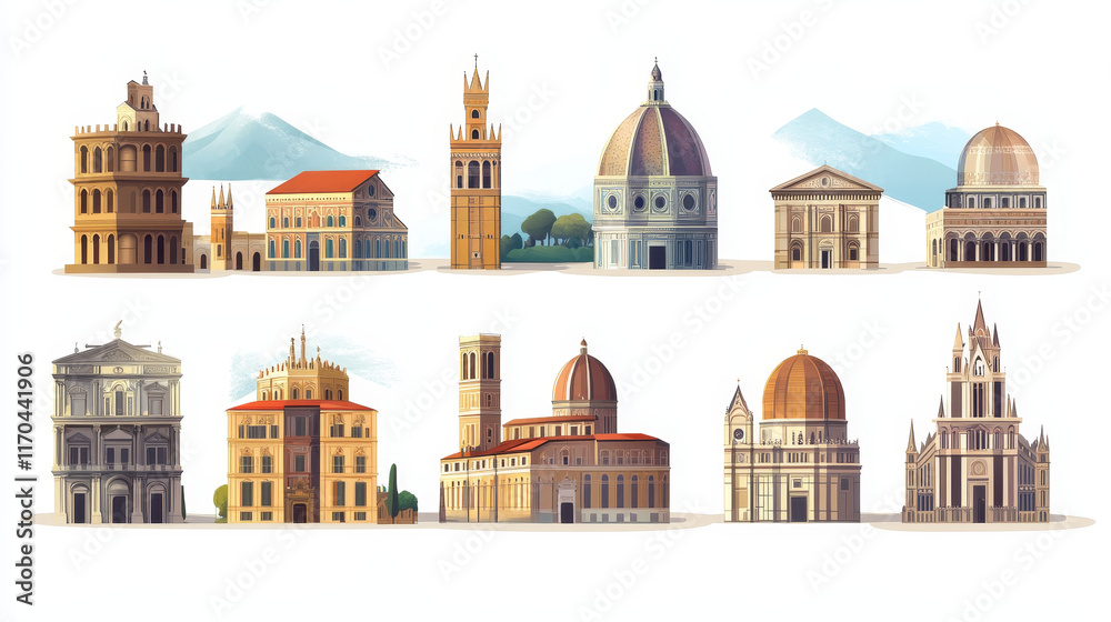 Italian historic landmarks and famous sightseeing buildings. Vector ...