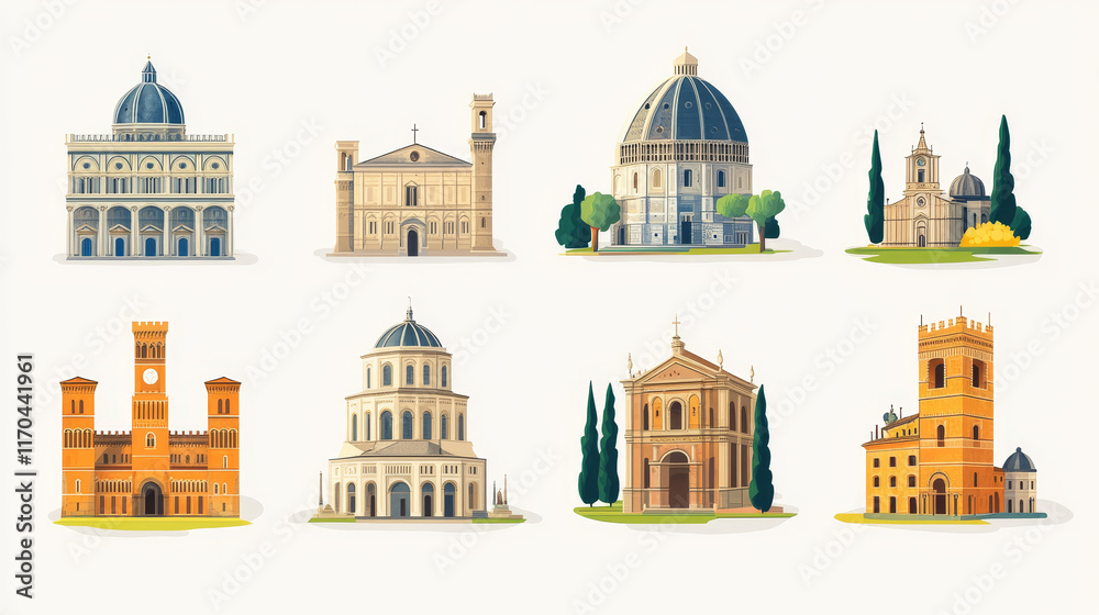 Italian historic landmarks and famous sightseeing buildings. Vector ...