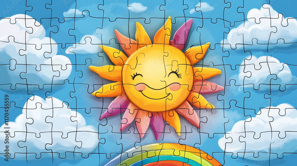 Math game worksheet. Cartoon sun characters, rainbow and clouds ...