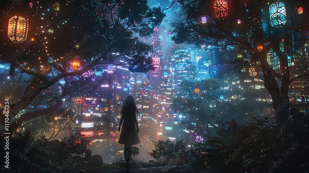 Depict a serene forest nymph wandering through a bustling futuristic ...