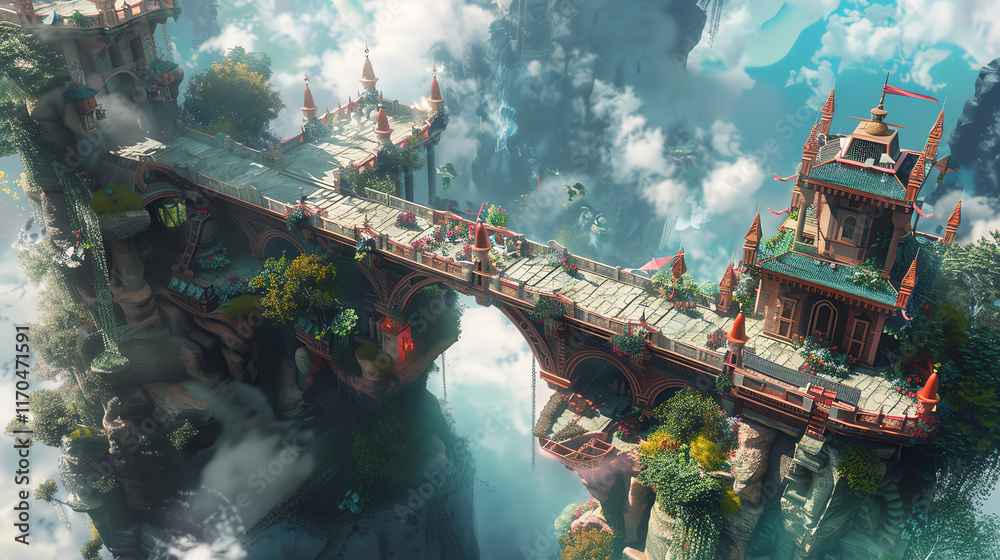 Produce a digital rendering of a fantasy world where mythical creatures ...