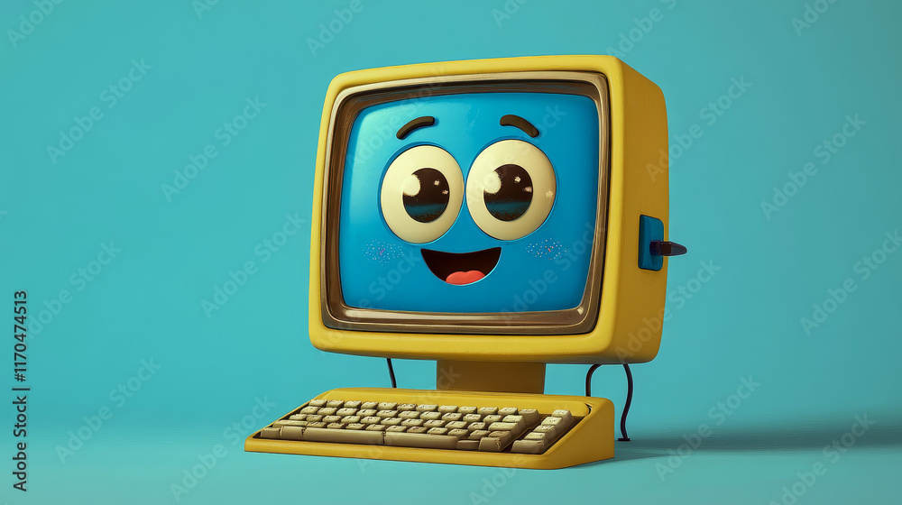 Cartoon groovy computer monitor character. Vector pc personage in a ...